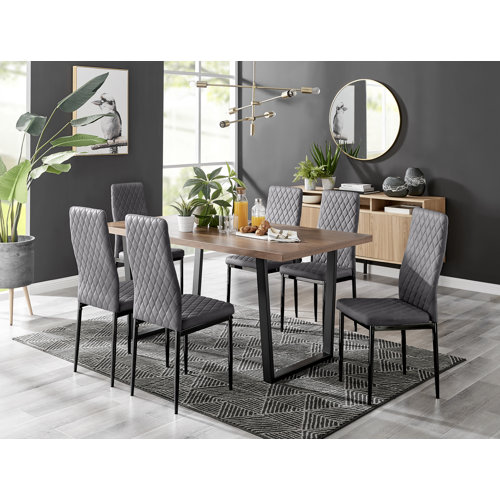 Canora Grey Kylooe Modern Sleigh Style Dining Table Set With 6 Luxury Quilted Velvet Dining ...
